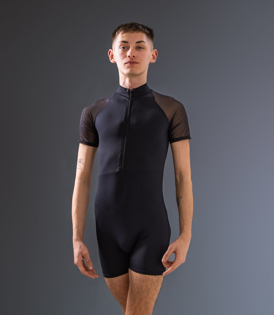 Mens Short Sleeve Zip Front Mesh Back Unitard - Black – Jamzz